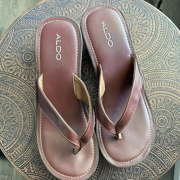Aldo | Shoes | Aldo Brown Leather Wedge Flip Flops Size 4 | Poshmark
